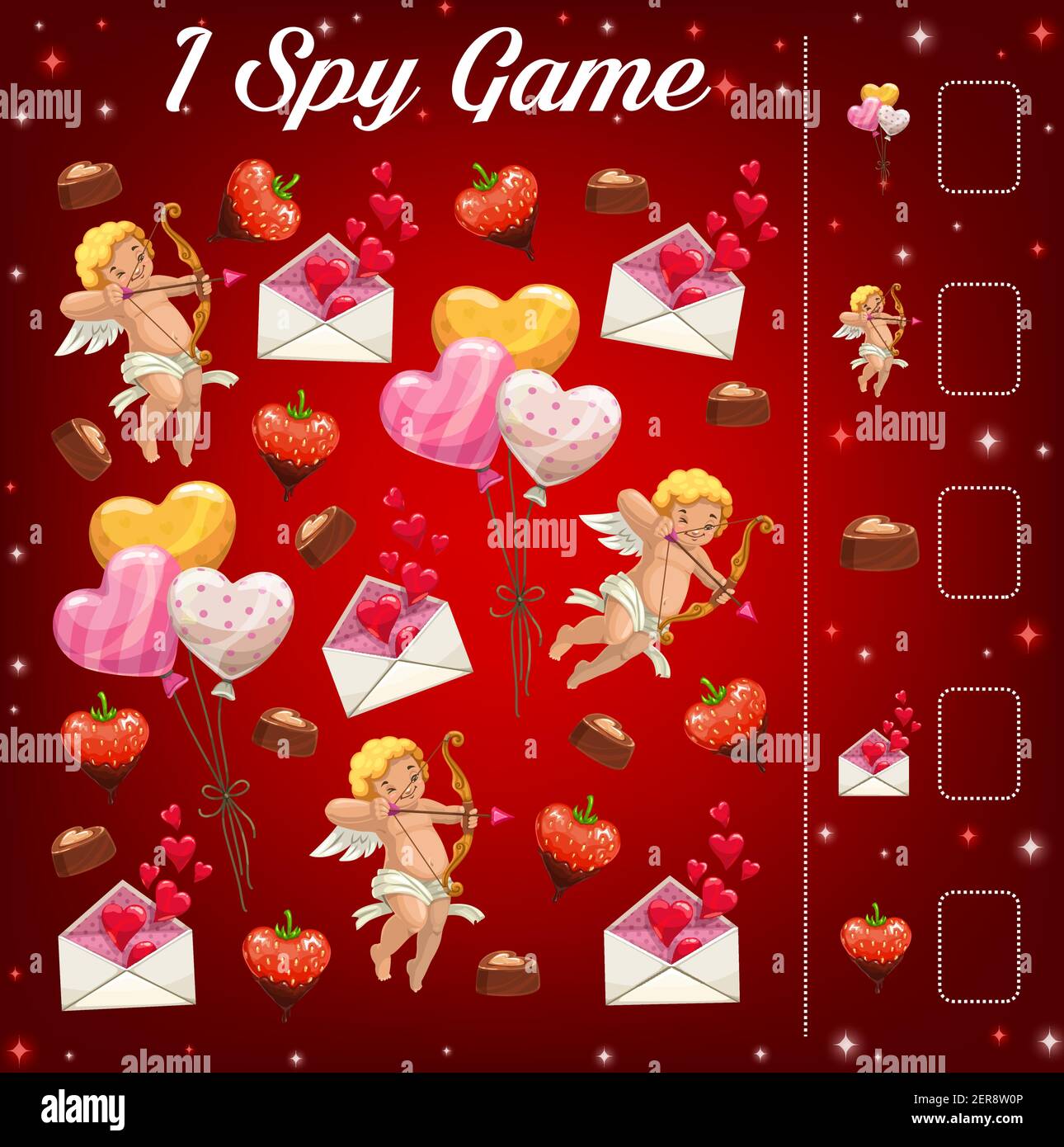 Child Saint Valentine day I spy game with cherubs and holiday gifts ...