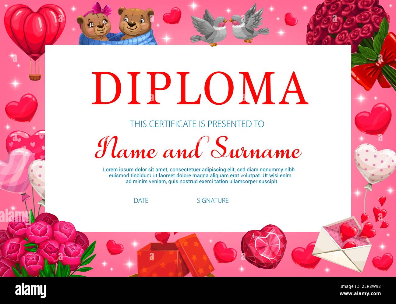 Kids Saint Valentine holiday diploma or certificate. Children education ...