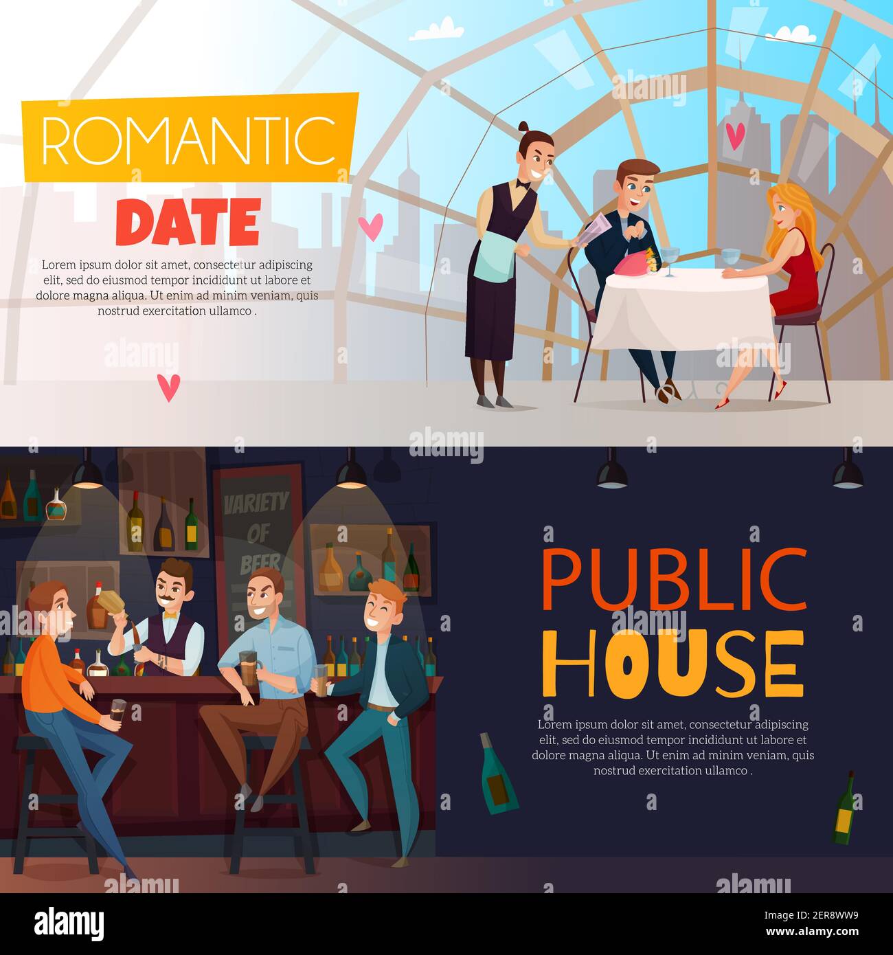 Two horizontal restaurant pub visitors horizontal banner set with ...