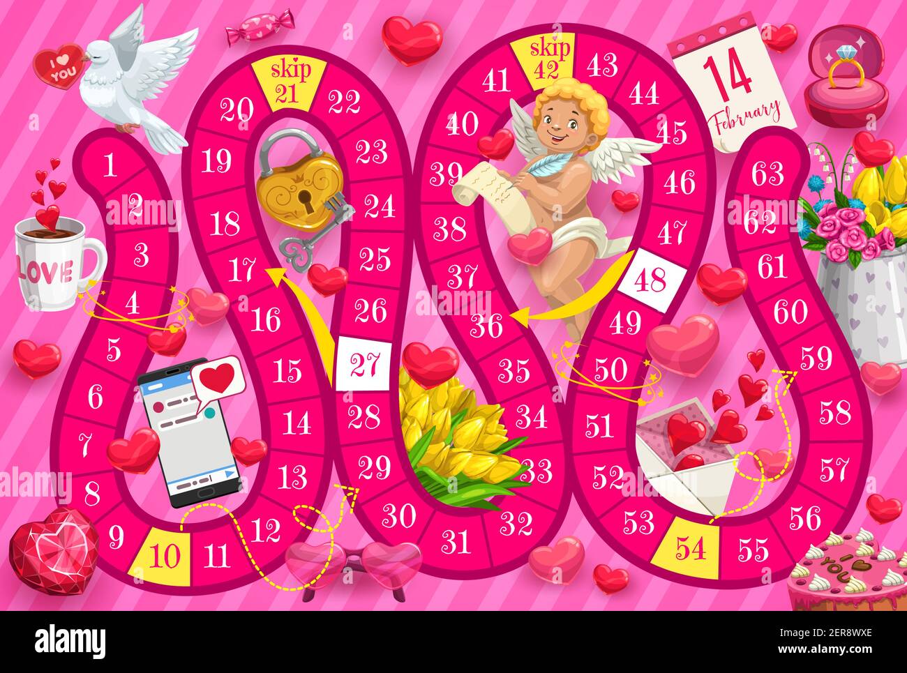 Kids Saint Valentine day boardgame with cupid and romantic gifts. Child ...