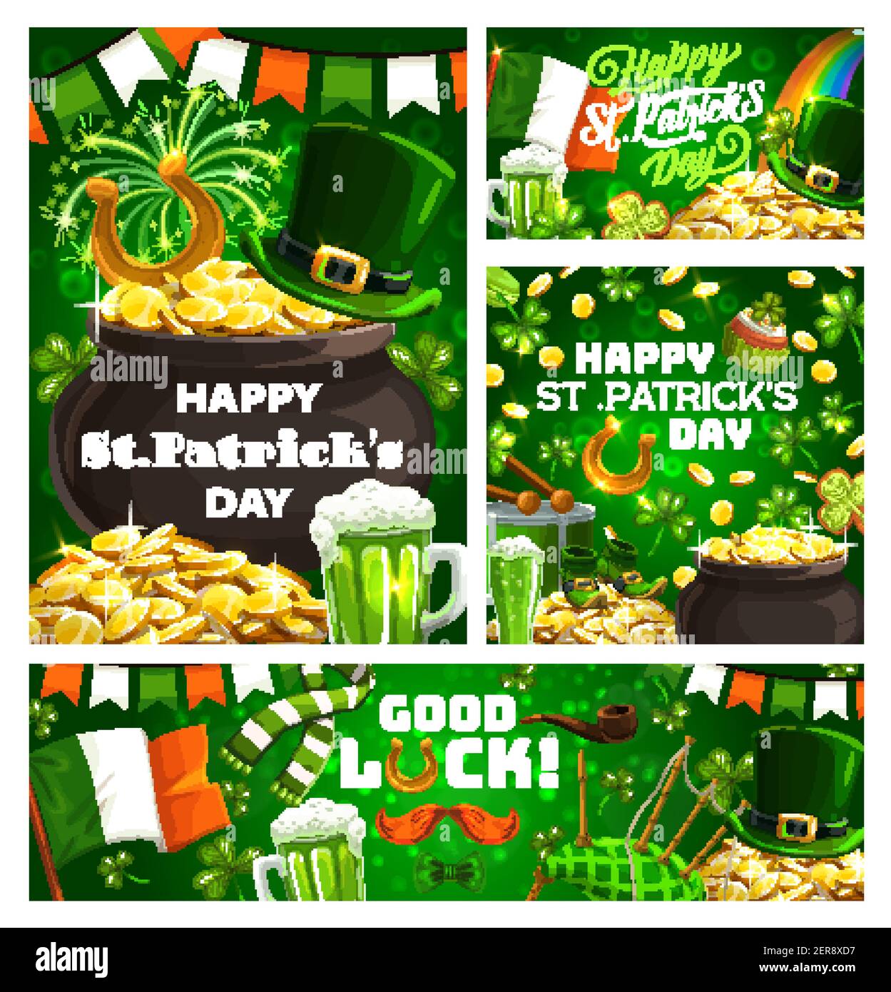Happy St. Patricks day, green holiday attributes and lettering. Vector ...