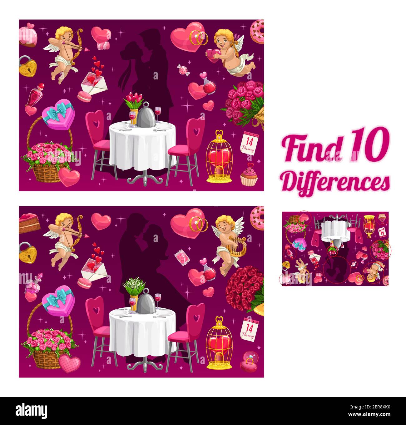 Kids game find ten differences. Vector Valentine day riddle with ...