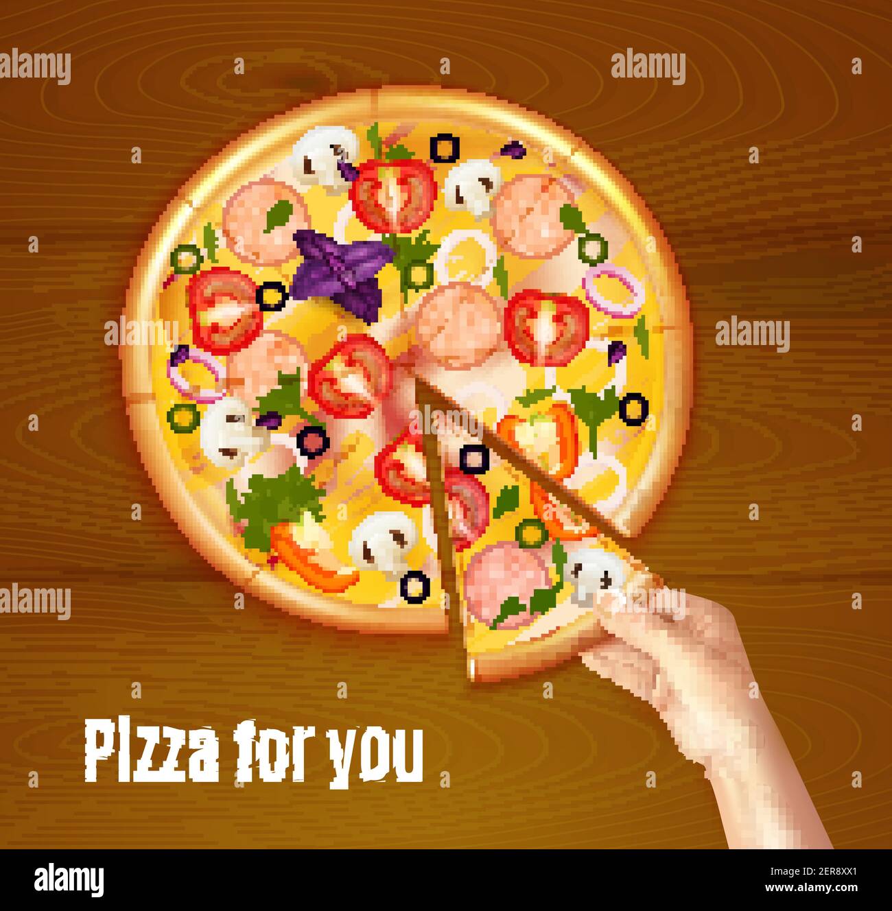 Baked pizza realistic composition on wooden background with hand ...