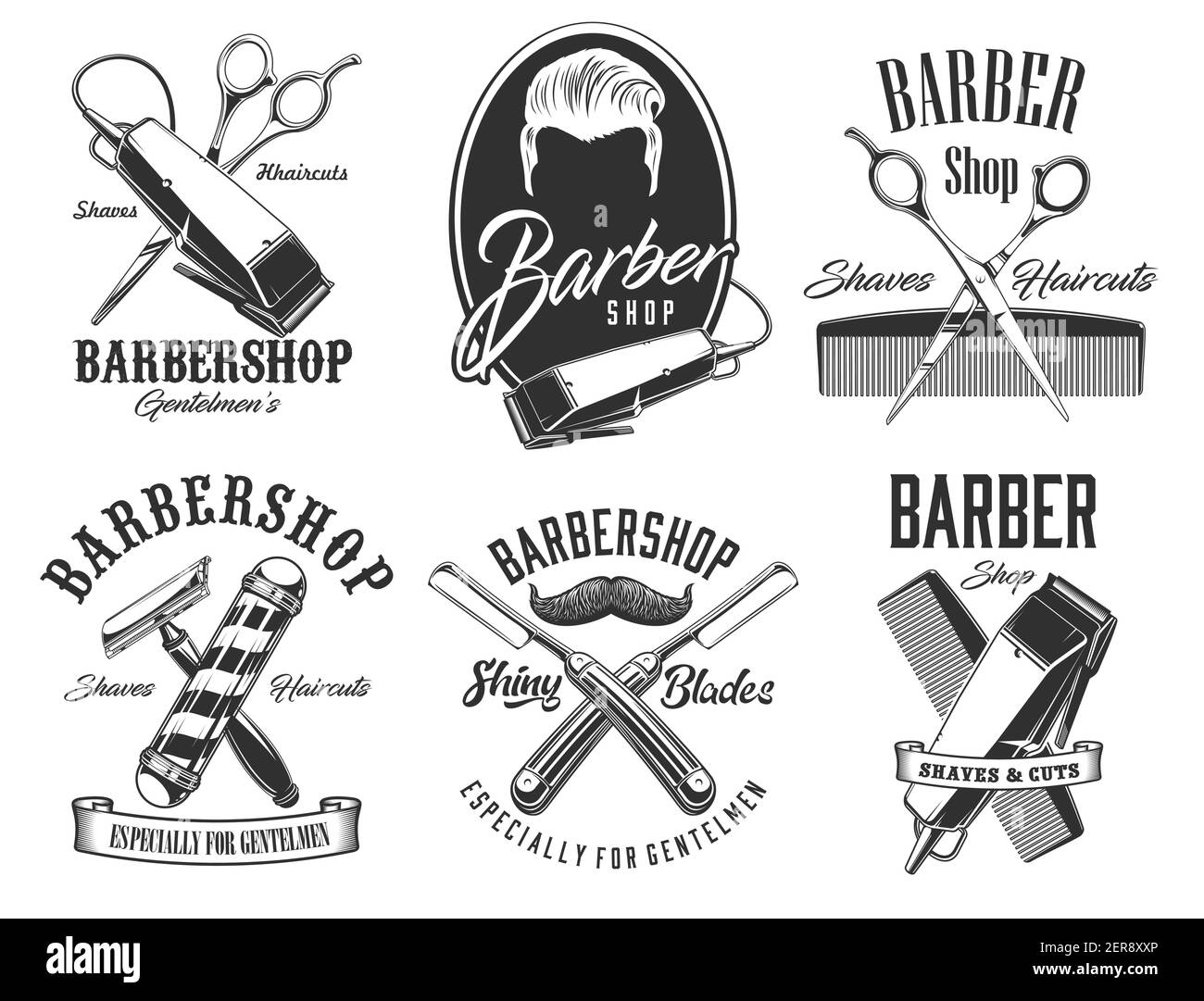Barber shop vector signs and icons, gentleman and hipster haircut ...