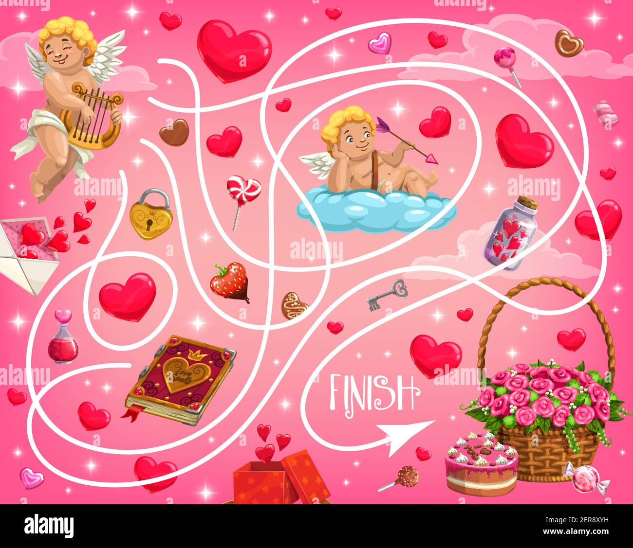 Valentine day holiday maze for children with cherubs and hearts. Kids ...