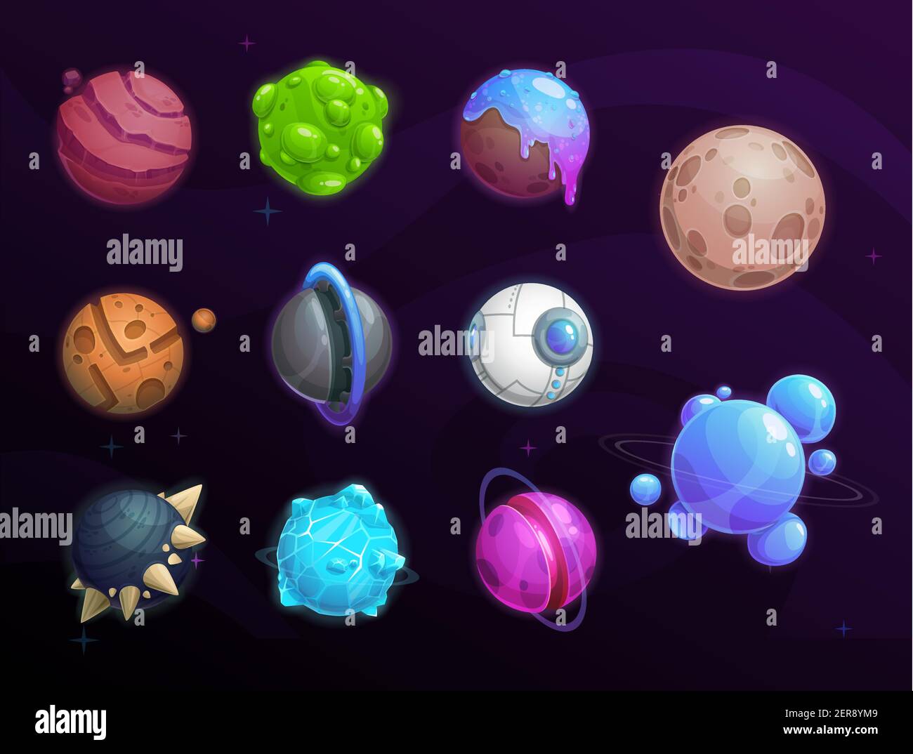 Planets of fantasy space cartoon vector set, game ui, gui or user interface design. Galaxy ...
