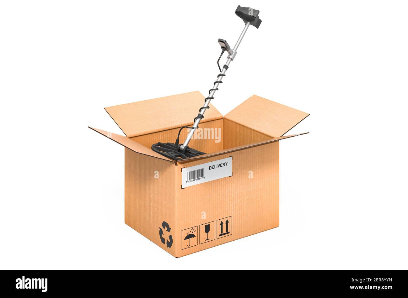 Metal detector inside cardboard box, delivery concept. 3D rendering ...