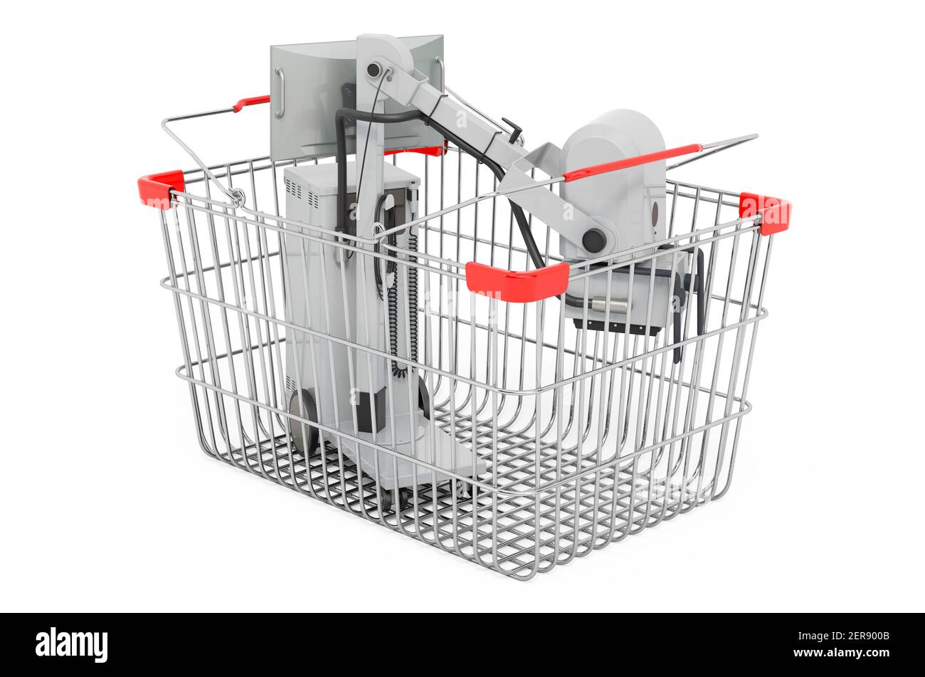 Shopping basket with mobile x-ray machine, 3D rendering isolated on ...