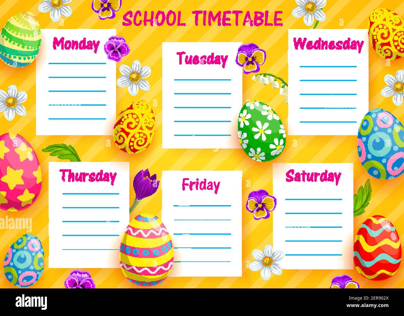 Education school timetable vector template with cartoon Easter eggs and ...