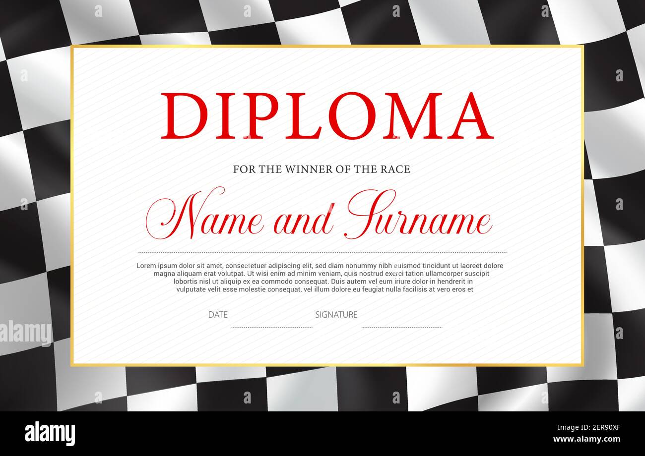 Race winner diploma, vector certificate template. Racing award border ...