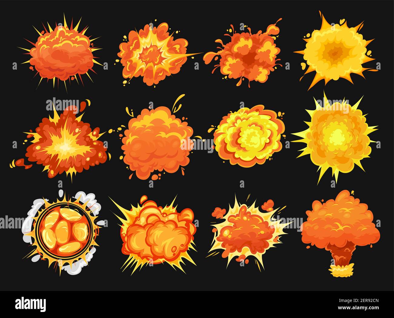 Bomb explosion clouds vector icons. Cartoon boom effect and smoke elements for ui game design ...