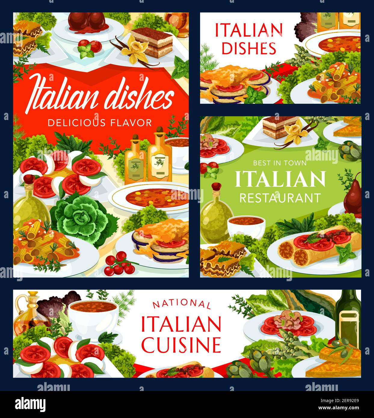 Italian cuisine vector dishes turin soup, spicy tomato soup, vegetable ...