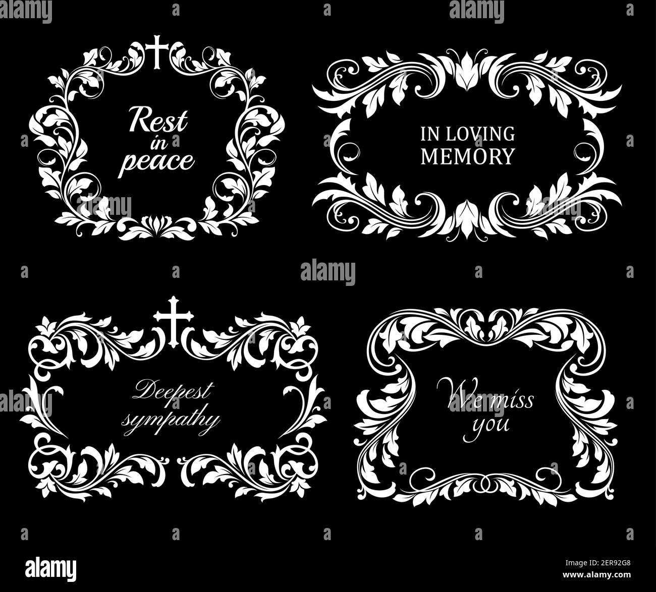 Funeral vector frames, isolated wreaths of floral design with crosses ...