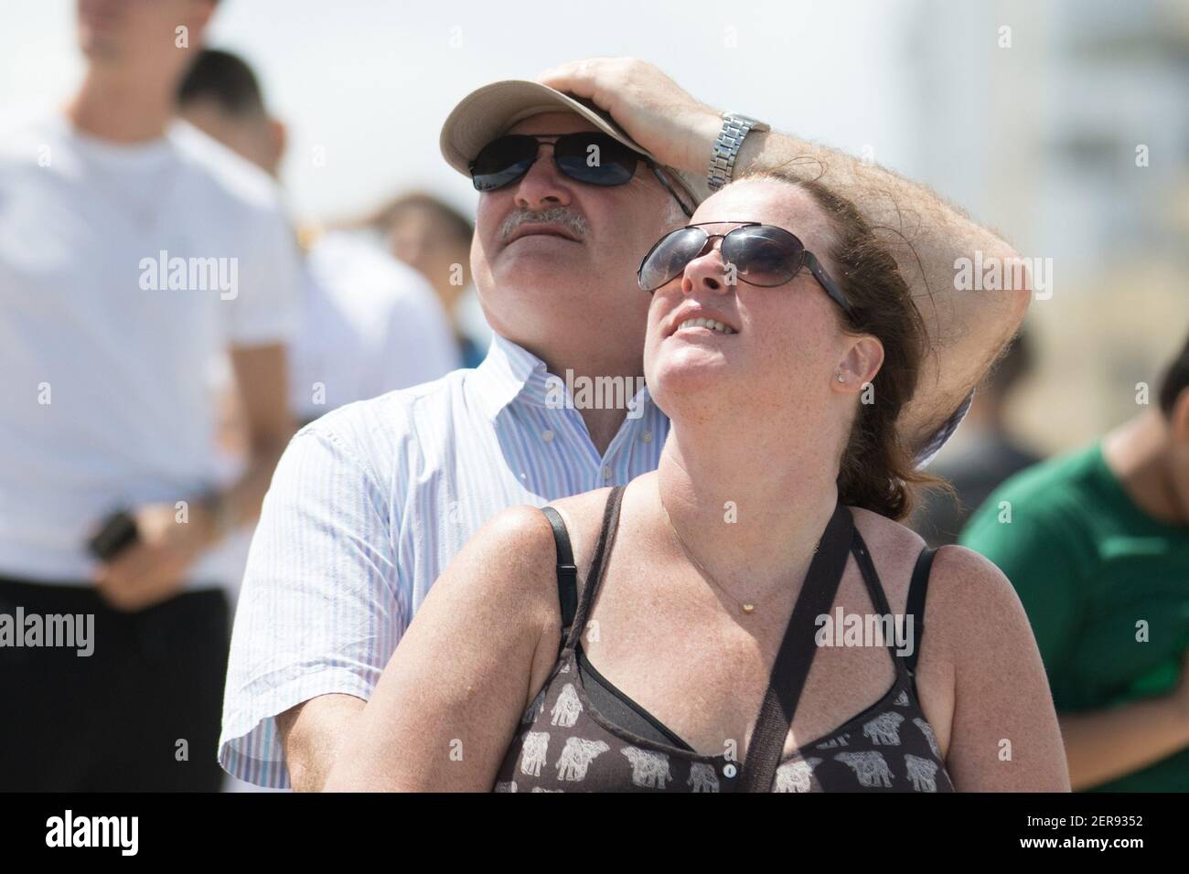 Nick Crisp and Julia Crisp, both from England, watch the Hyundai Air ...