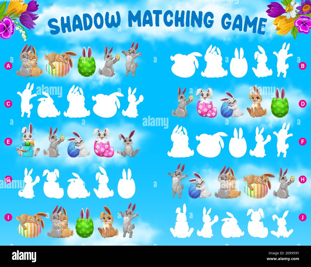 Shadow matching kids game with Easter rabbits and decorated eggs. Find ...
