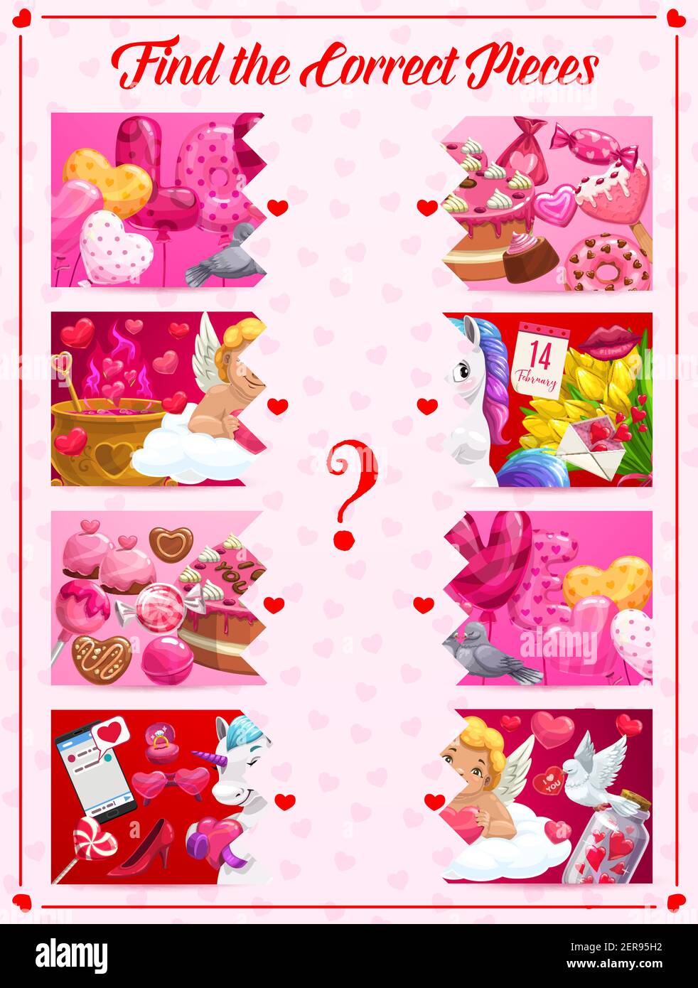 Children find correct pieces game with Saint Valentine day symbols ...