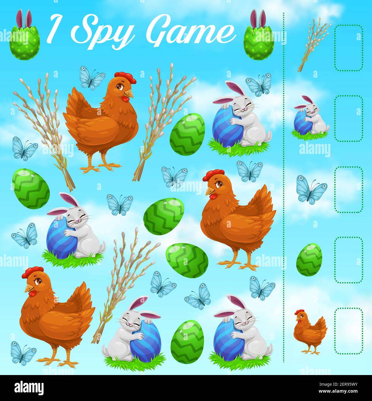 I spy kids game with Easter rabbits, eggs, butterflies and chicken ...