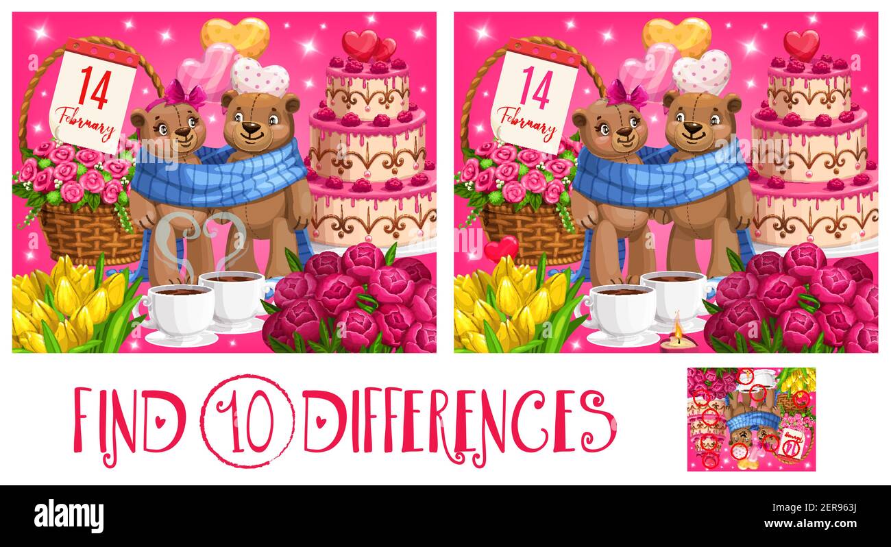 Valentine day children find ten differences puzzle game. Kids playing ...