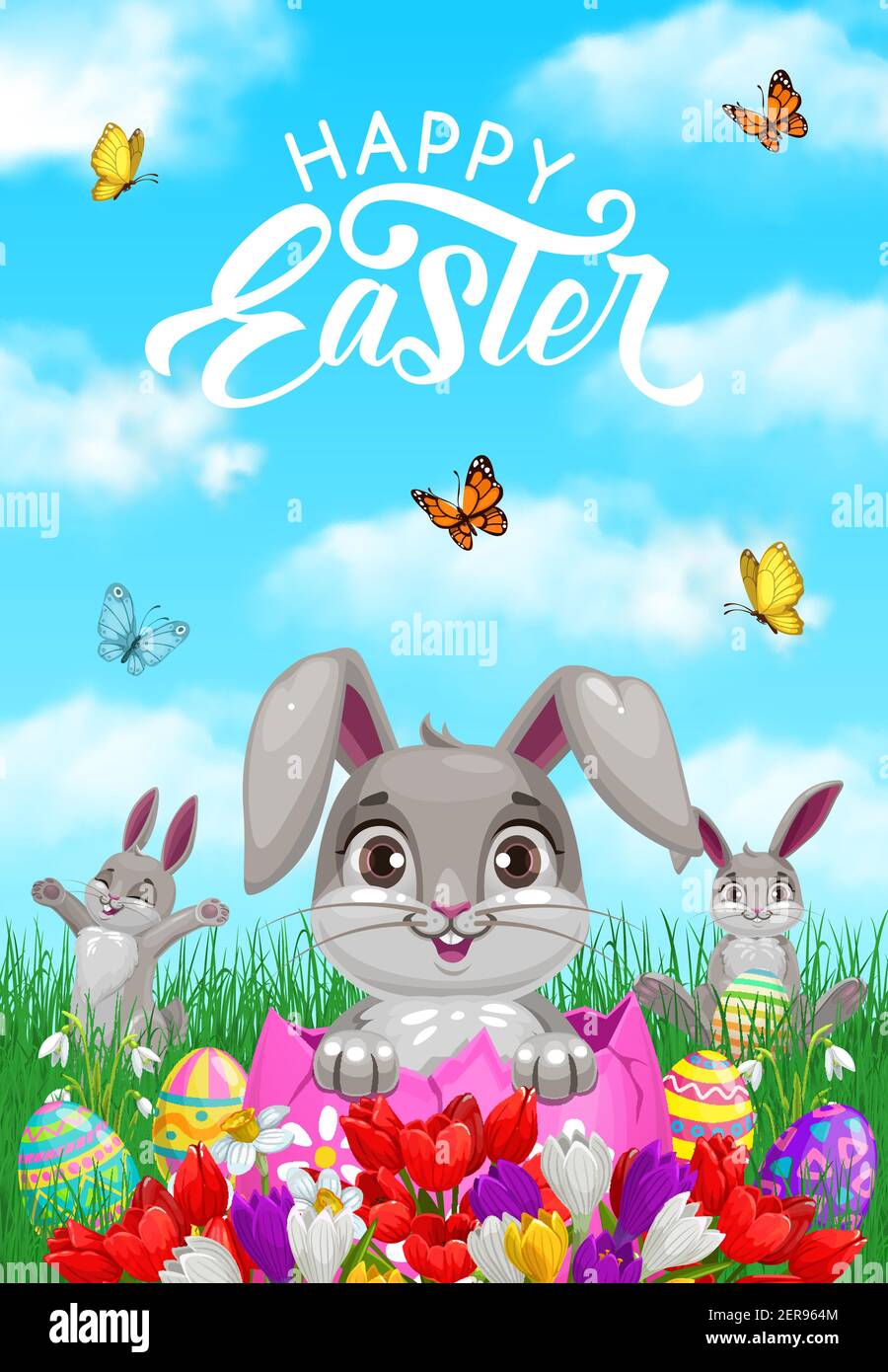 Happy easter celebration greeting card. Cute rabbits playing on spring ...