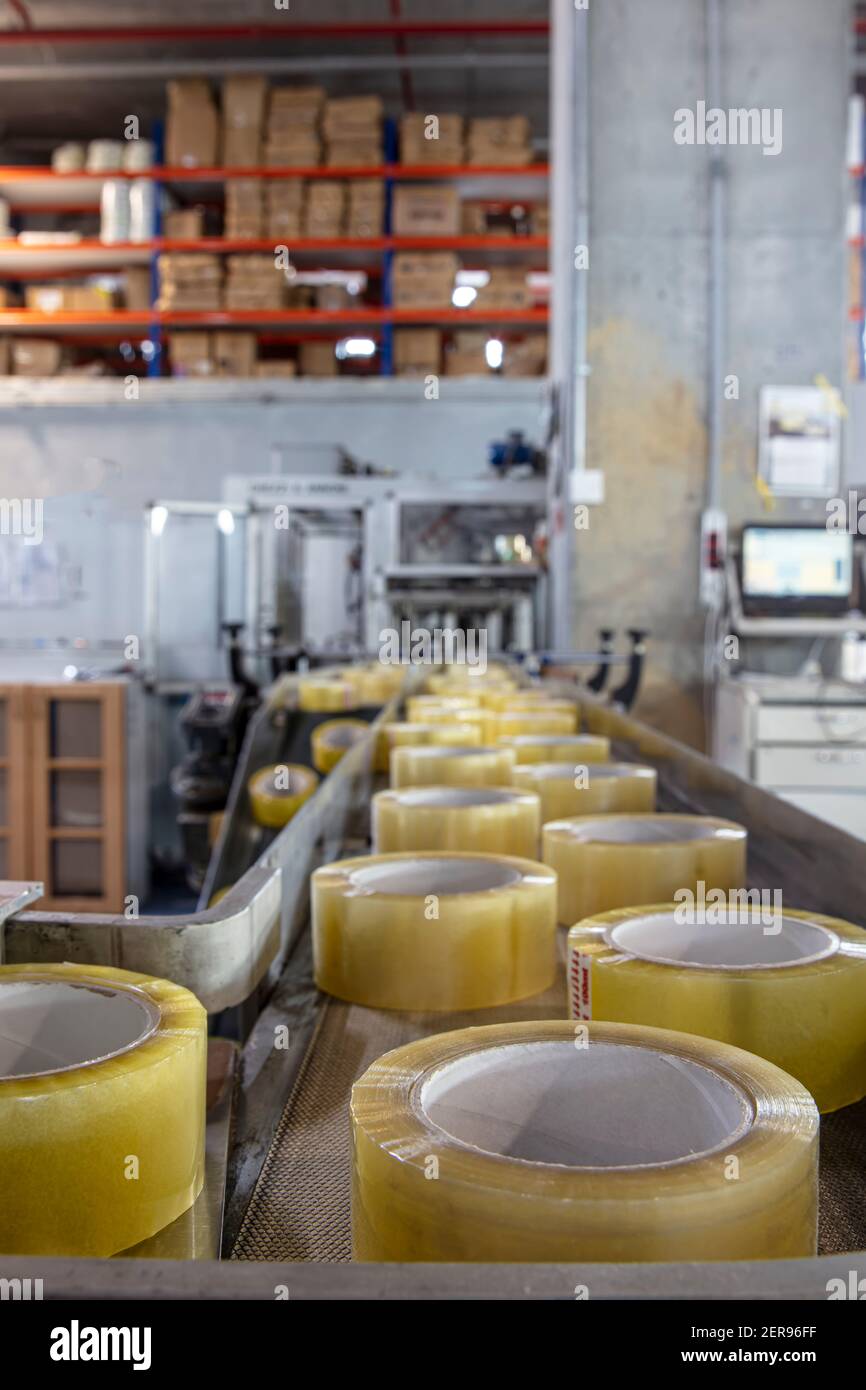 Packing tape factory. Production of duct tape. Strapping Machine for ...