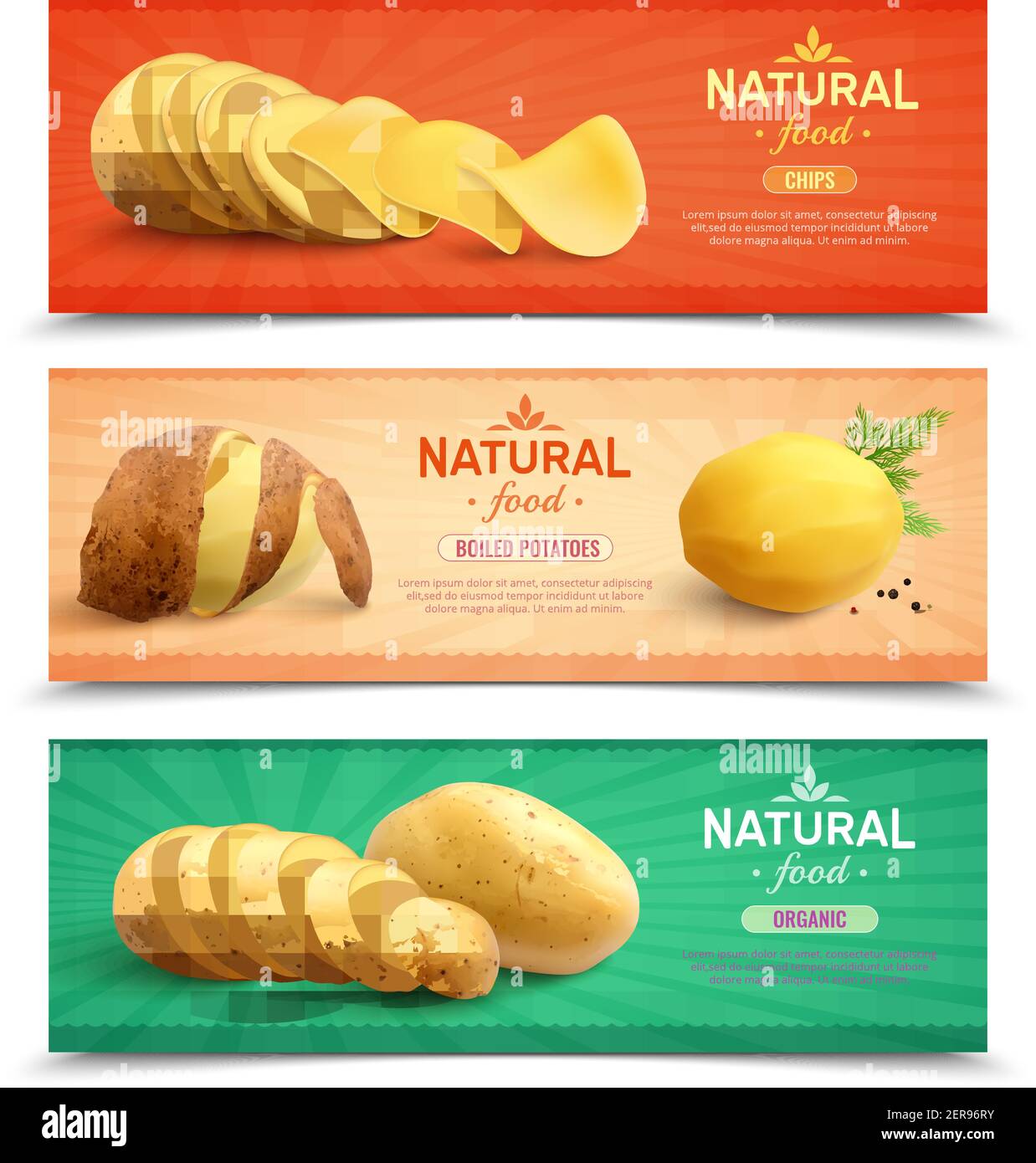 Natural food horizontal banners set of chips boiled product and raw ...