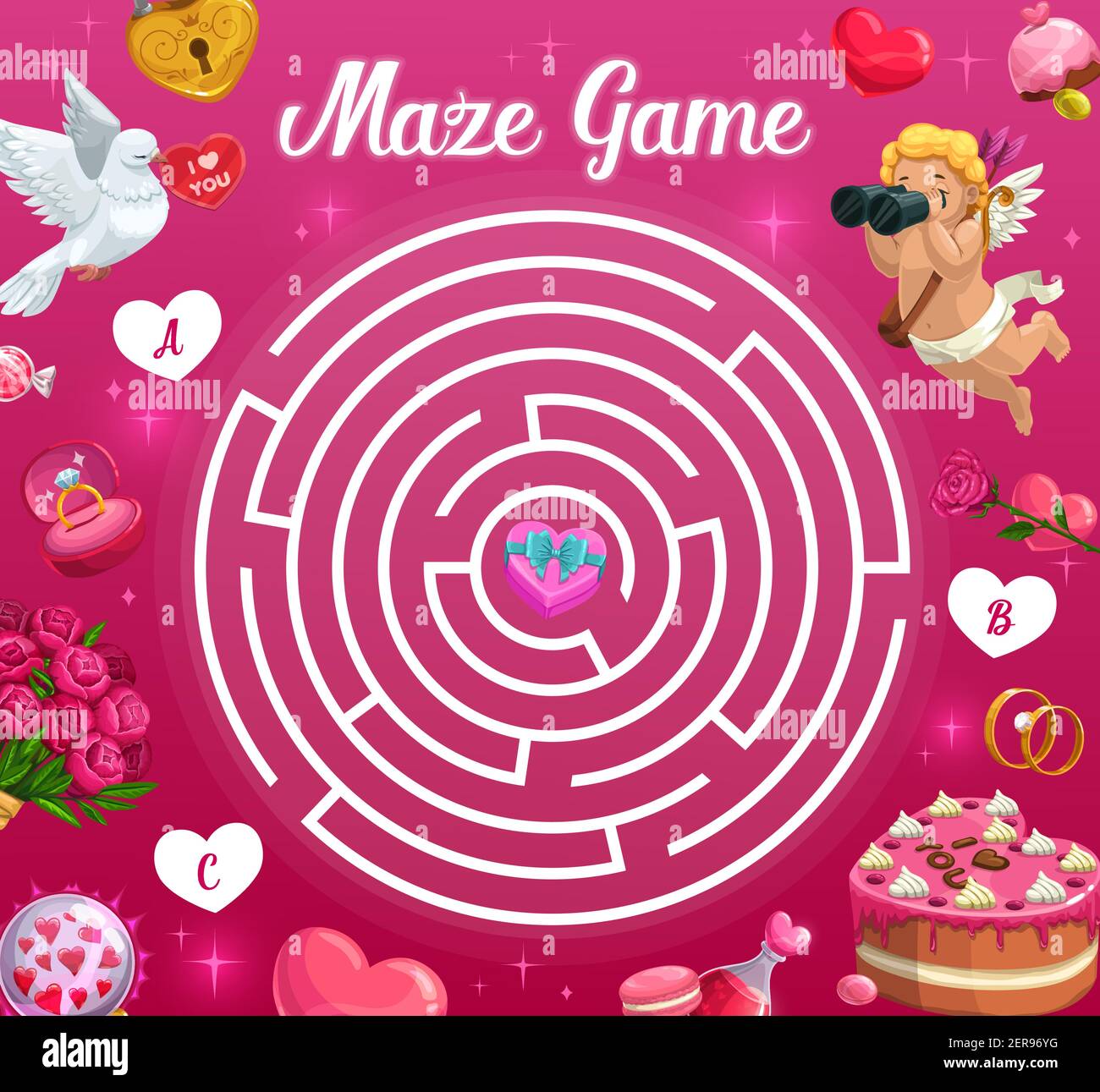 Kids maze game Valentines day theme, vector round labyrinth with cupid ...