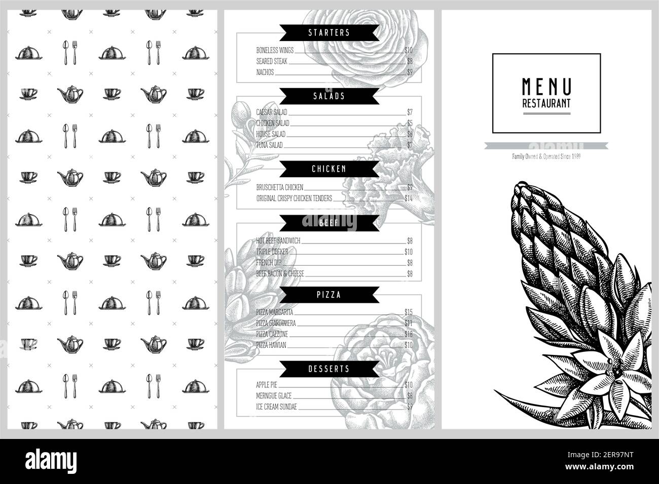 Vintage menu design with peony, carnation, ranunculus, wax flower ...