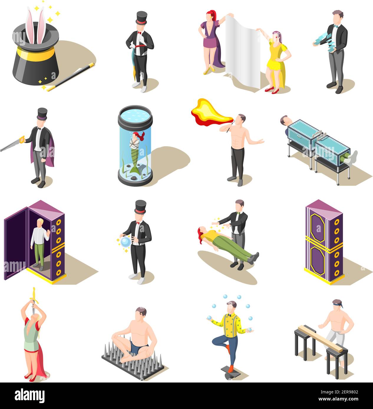 Magic show isometric icons with levitation, danger tricks, juggler ...