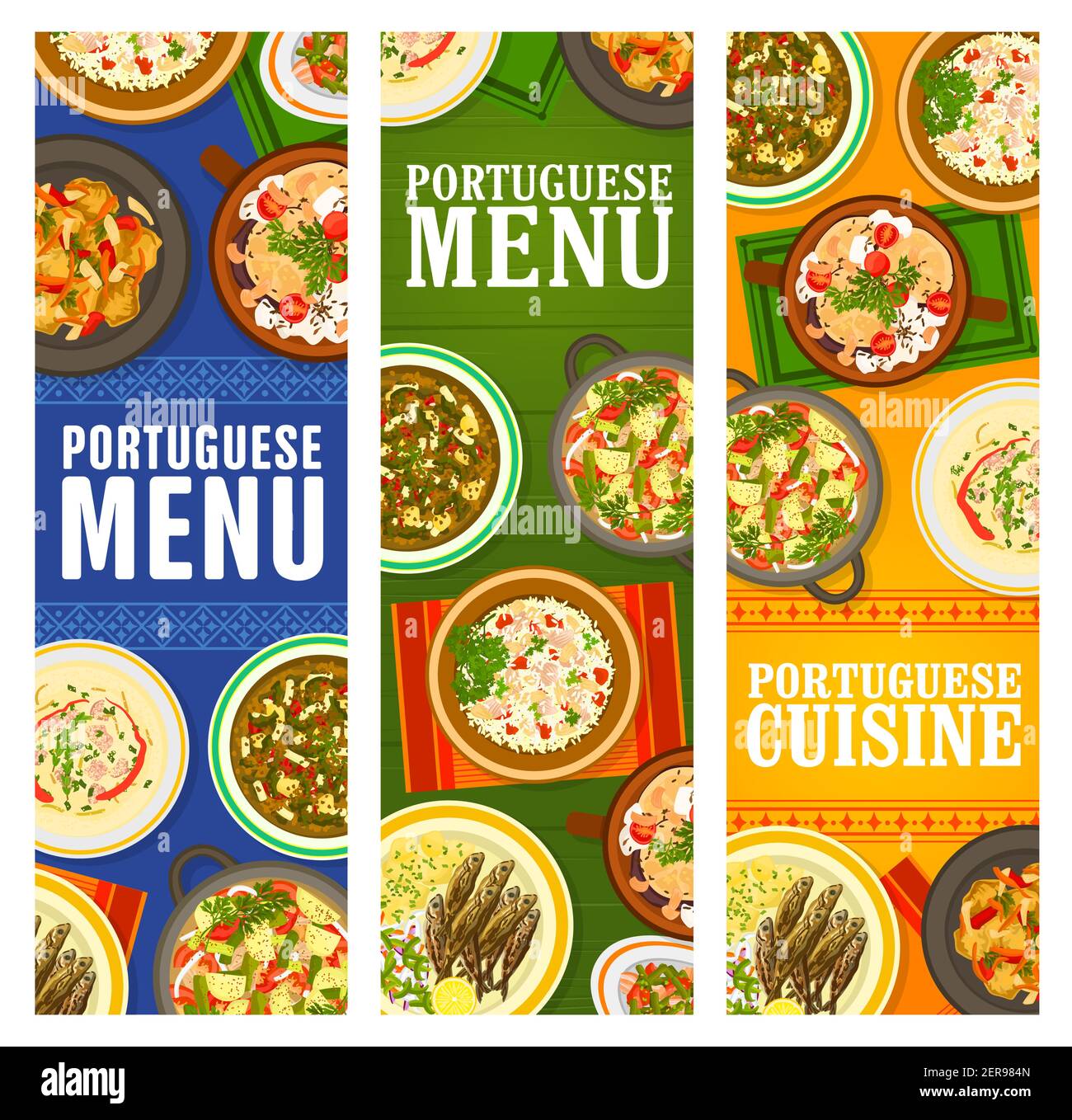 Portuguese cuisine restaurant menu dishes banners. Pork tenderloin ...