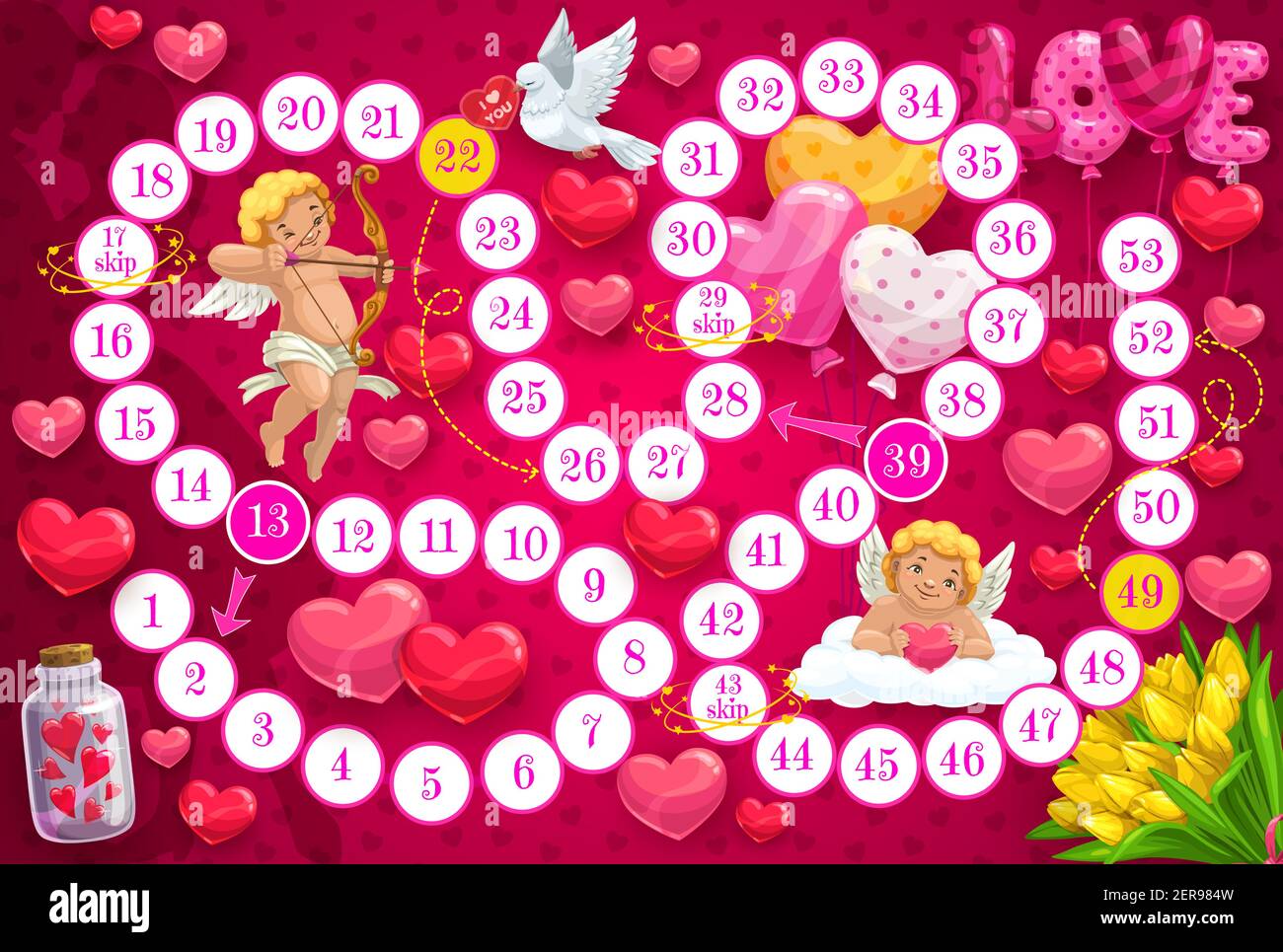 Saint Valentine day child board game template. Kids educational ...