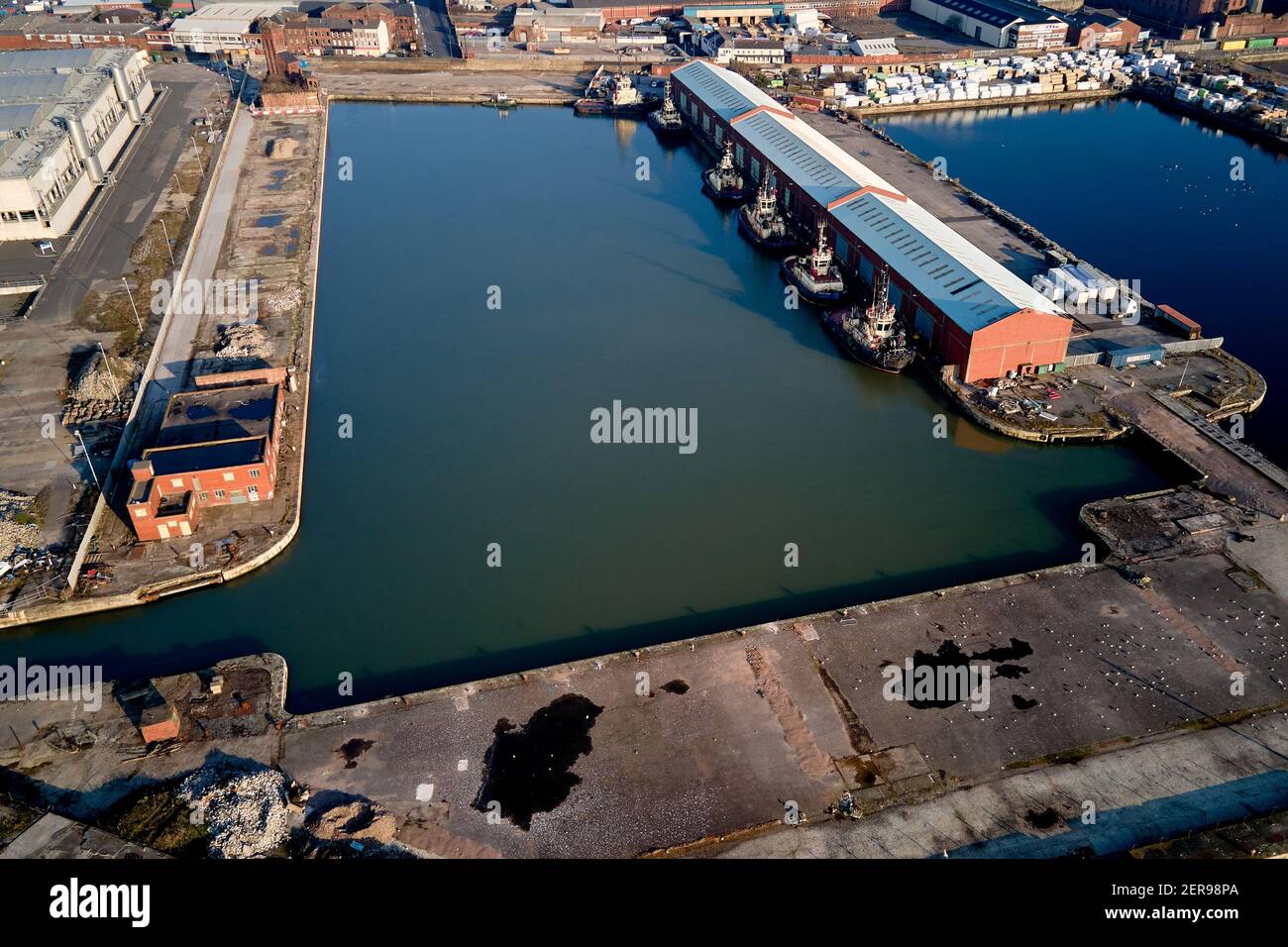 Aerial views of Bramley Moore Dock, Liverpool. Everton FC's plans for a ...