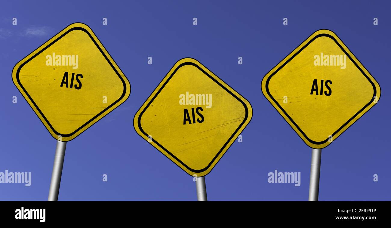 Ais - three yellow signs with blue sky background Stock Photo - Alamy