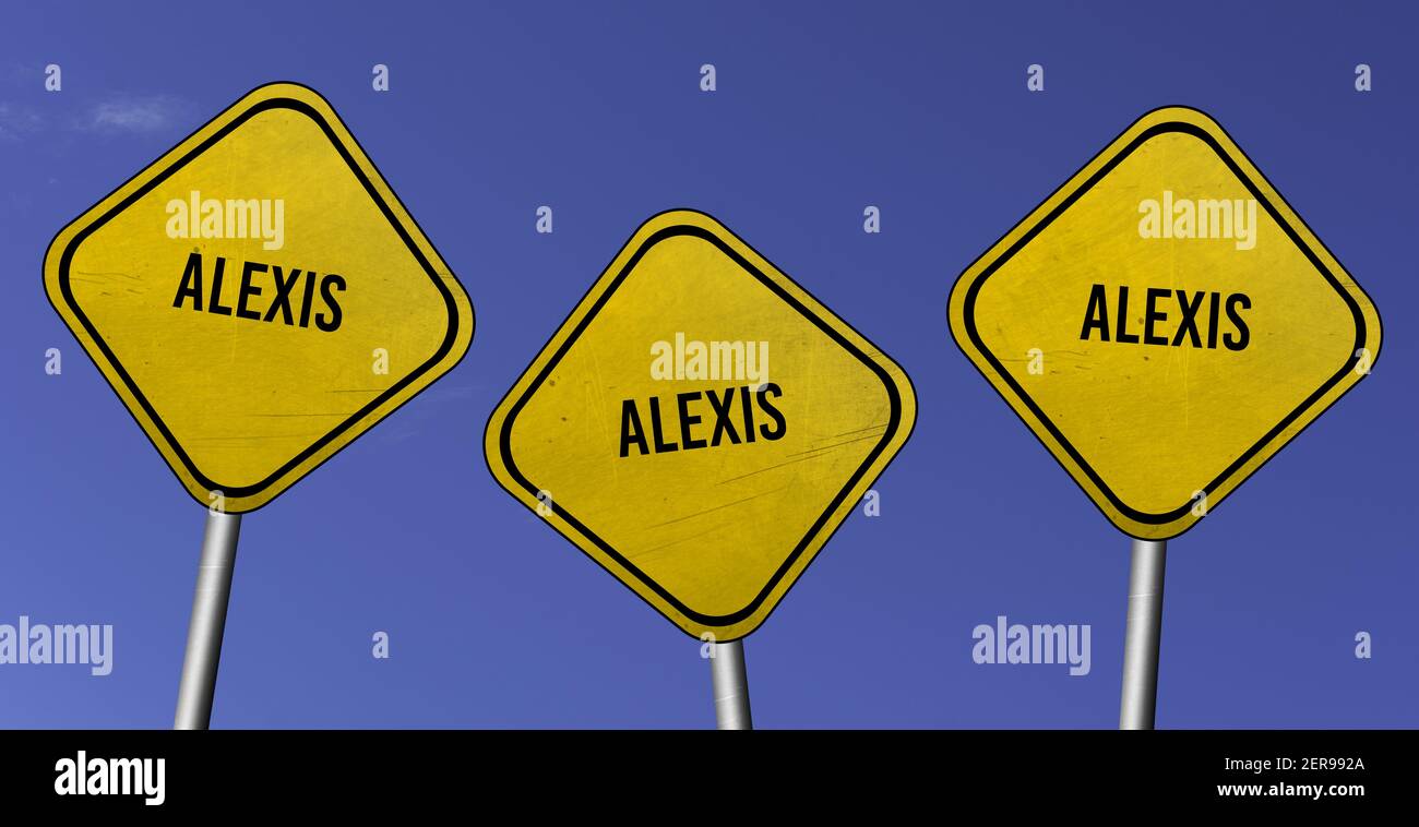 Alexis - three yellow signs with blue sky background Stock Photo - Alamy