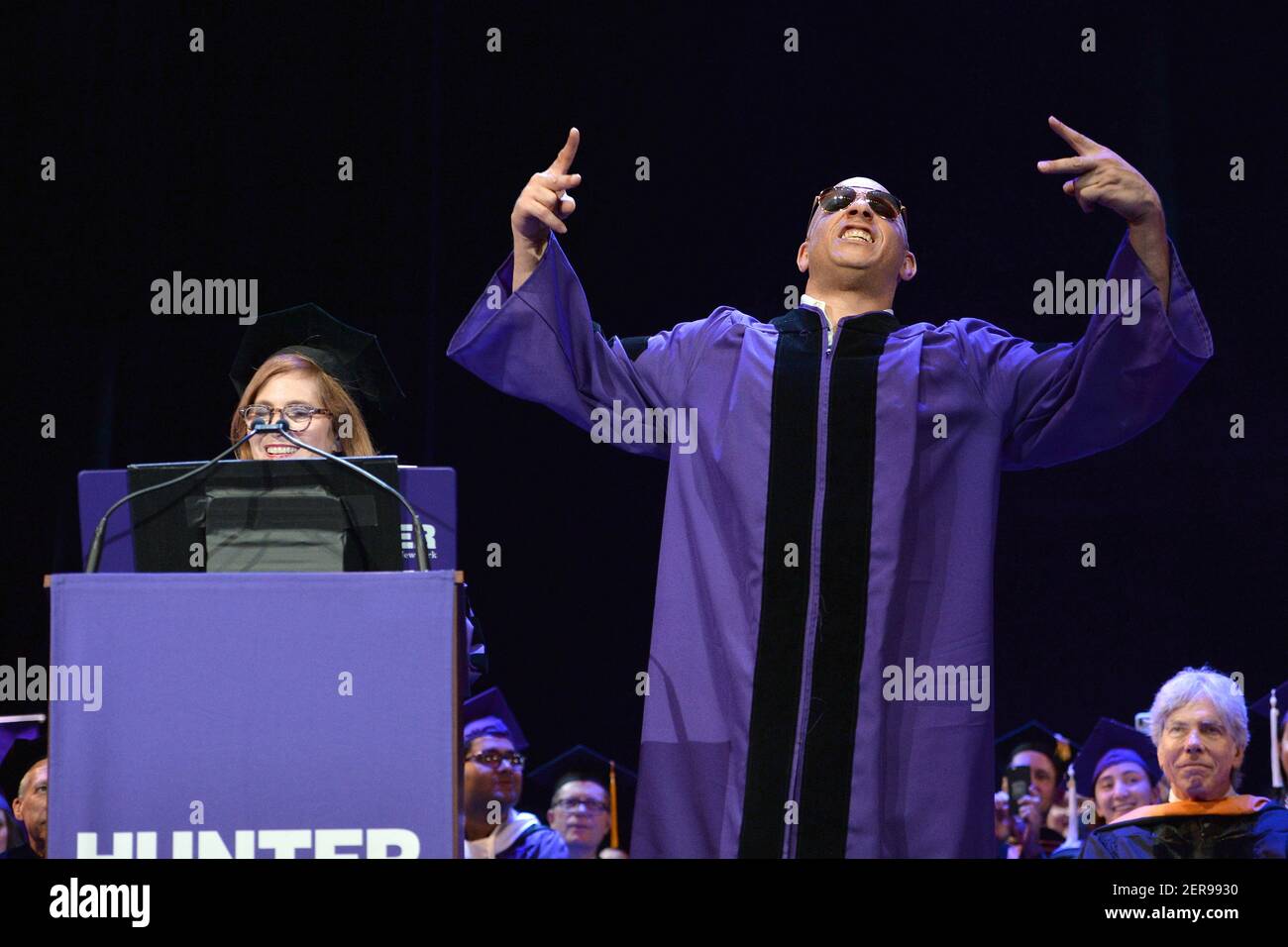 Actor Vin Diesel (R) is introduced by Hunter College President Jennifer ...