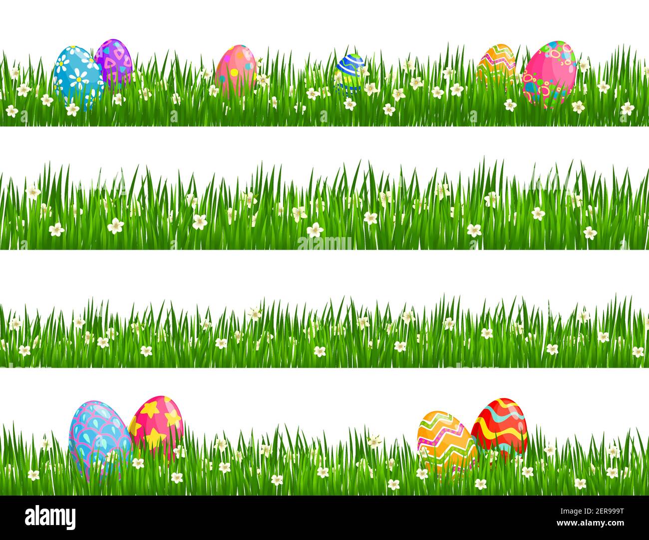 Easter egg hunt vector borders with Easter eggs, spring green grass ...