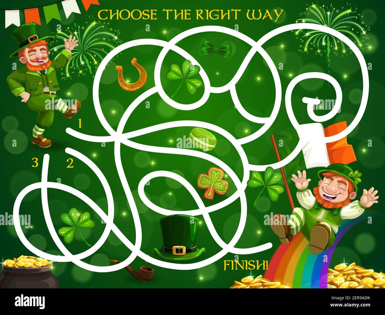 Kids maze game with st Patricks day leprechauns, gold and rainbow ...