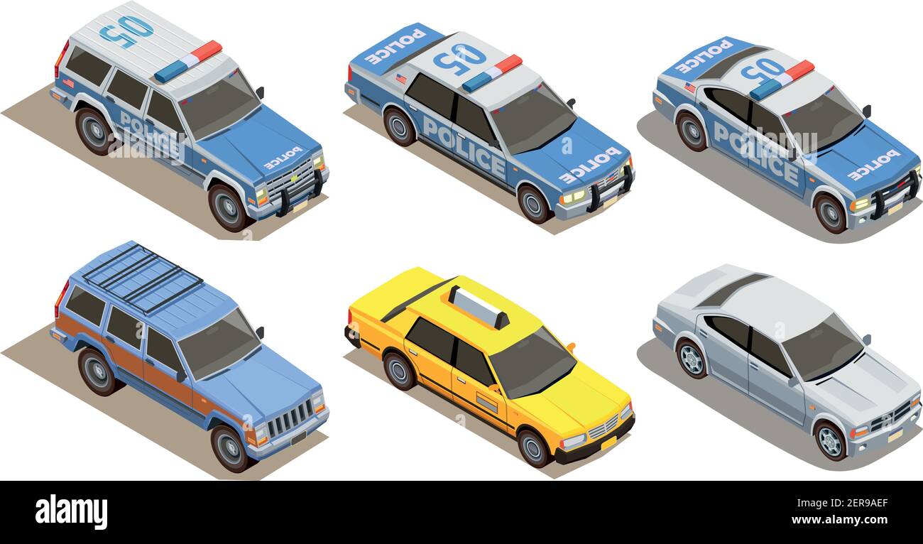 Public city transport isometric composition with set of six cars with ...