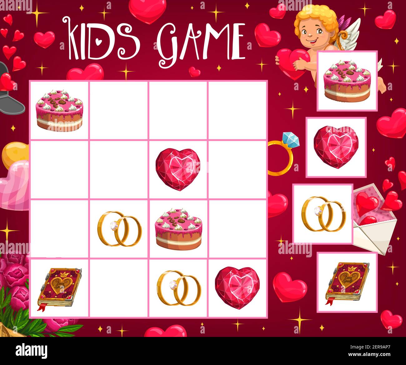 Saint Valentine day child crossword game with love symbols. Children ...