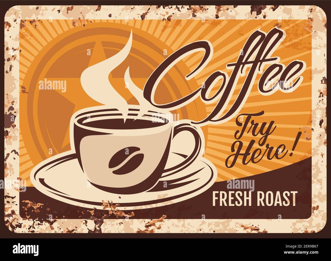Steaming coffee cup with fresh drink and steam rusty metal plate ...