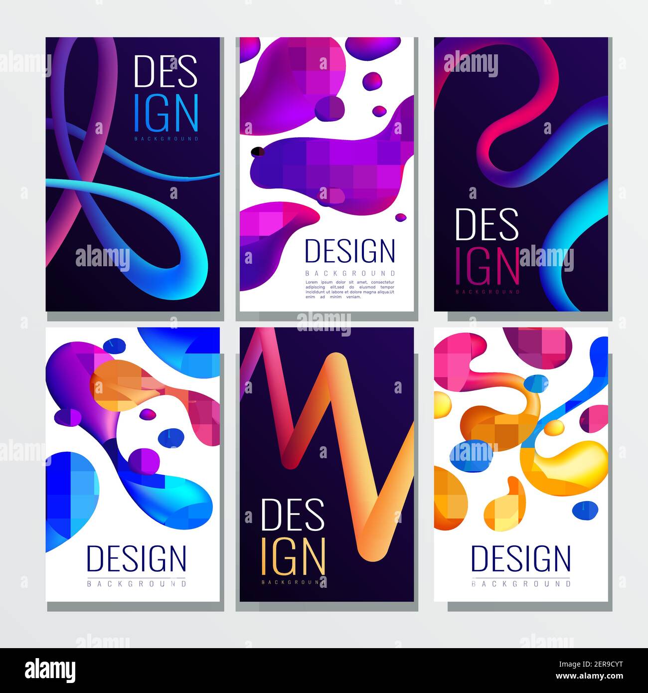 Fluid neon holographic abstract design elements cards collection of six ...