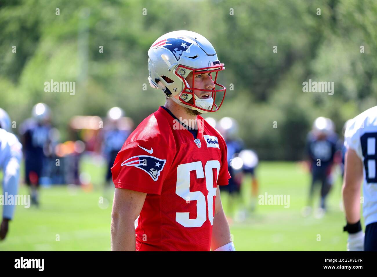 May 31, 2018: New England Patriots quarterback Danny Etling (58) warms ...