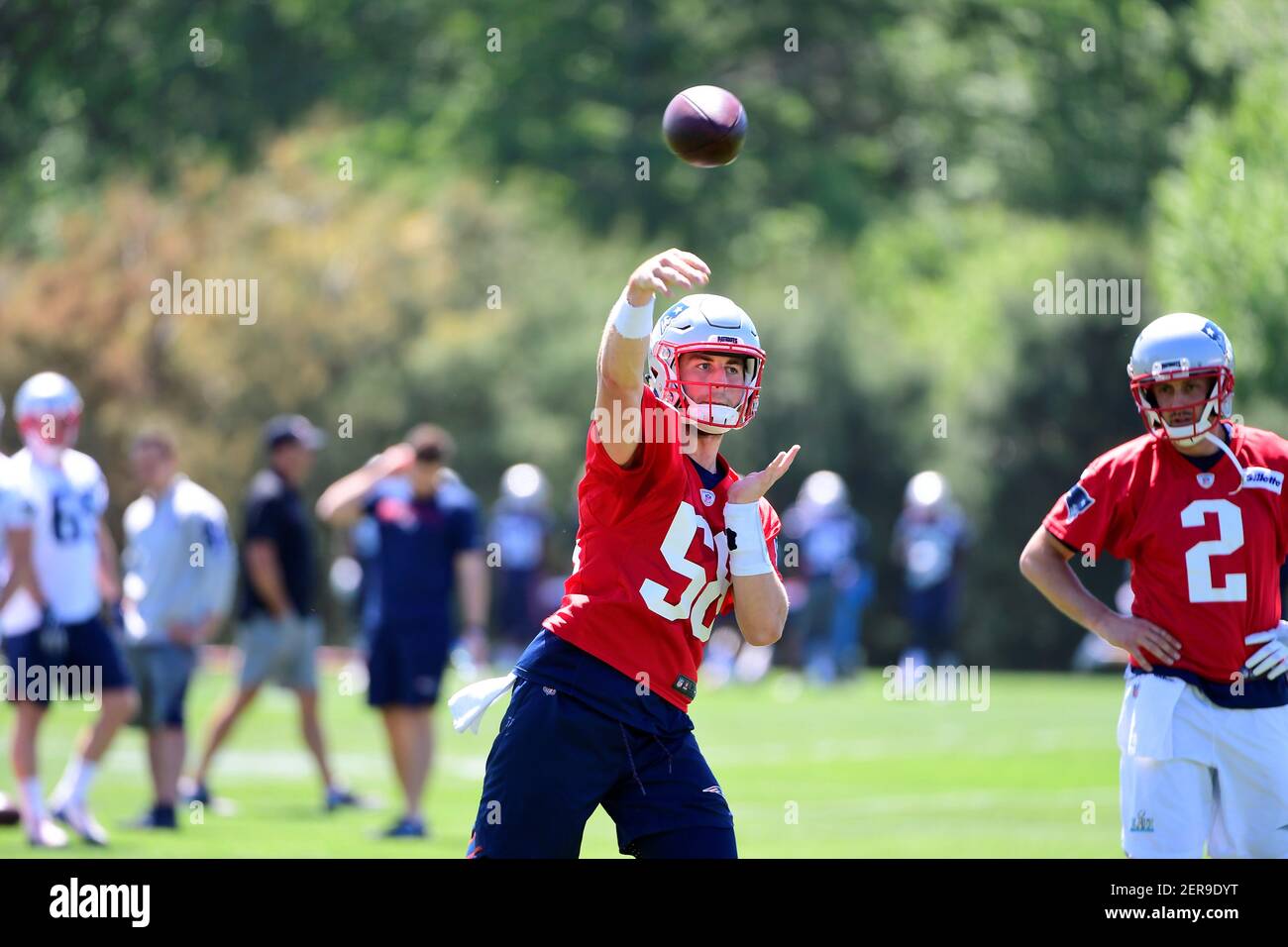 May 31, 2018: New England Patriots quarterback Danny Etling (58) throws ...