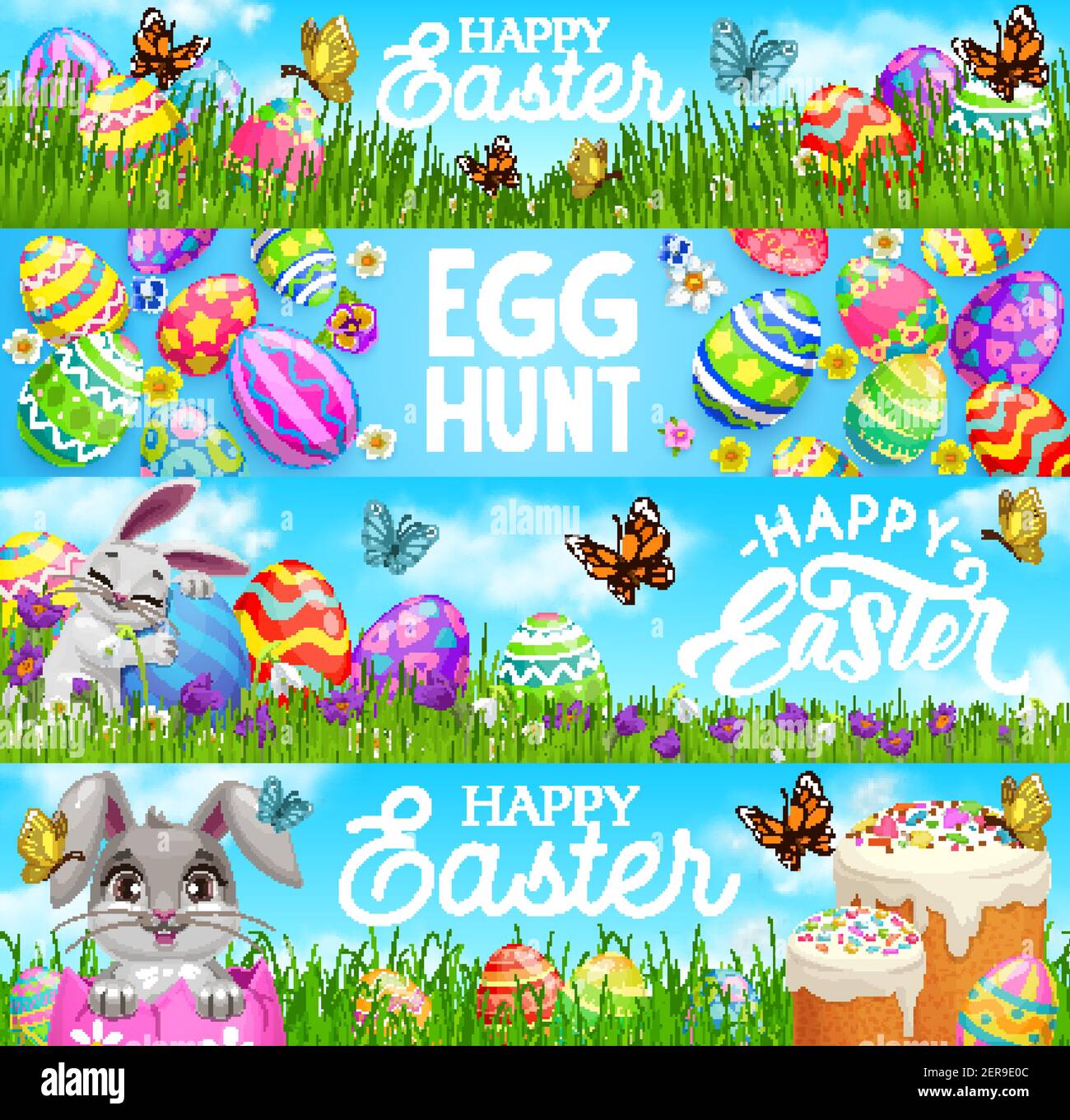 Happy Easter egg hunt, vector cartoon bunnies, painted eggs and cakes ...