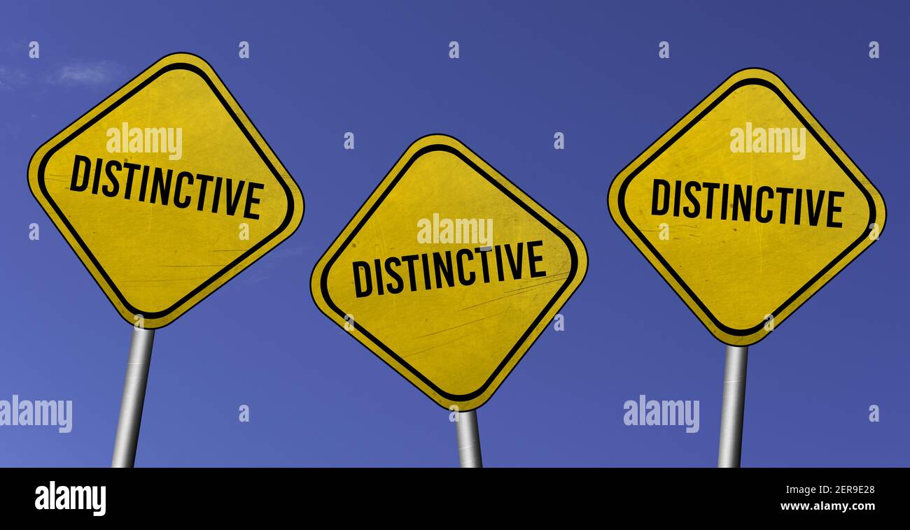 Distinctive - three yellow signs with blue sky background Stock Photo ...