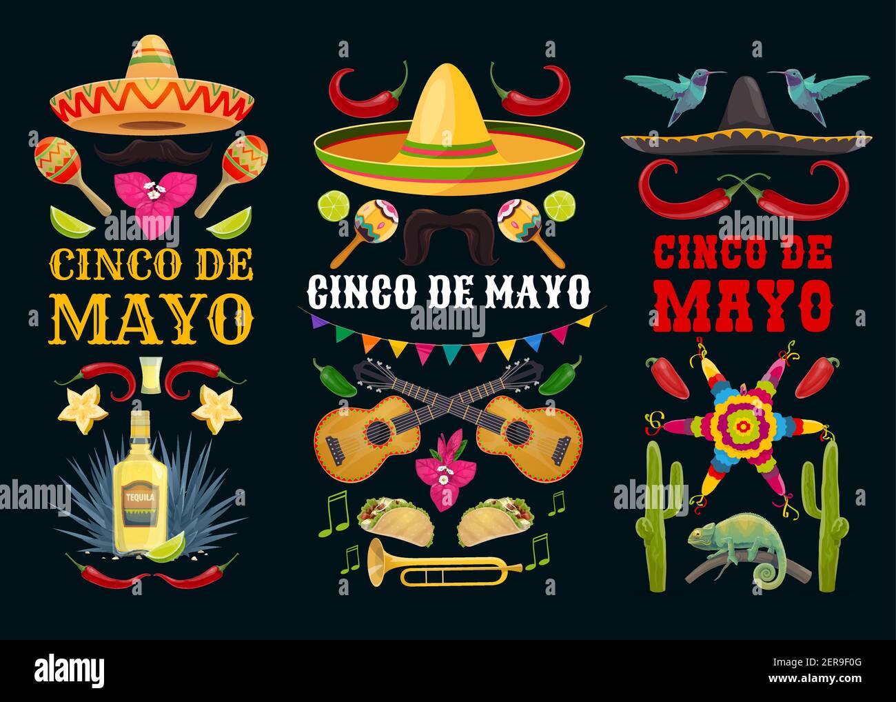 Cinco de Mayo vector icons pinata, colibri and jalapeno pepper with ...