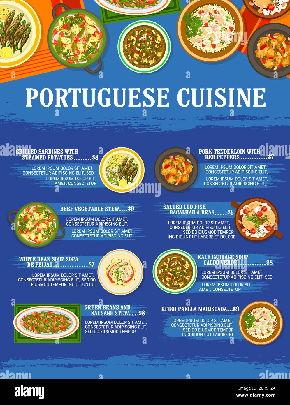Portuguese cuisine restaurant meals menu template. Grilled sardines ...