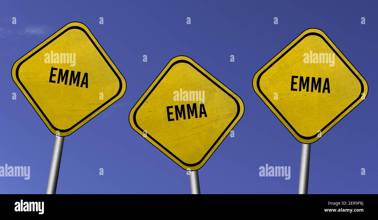 Emma - three yellow signs with blue sky background Stock Photo - Alamy