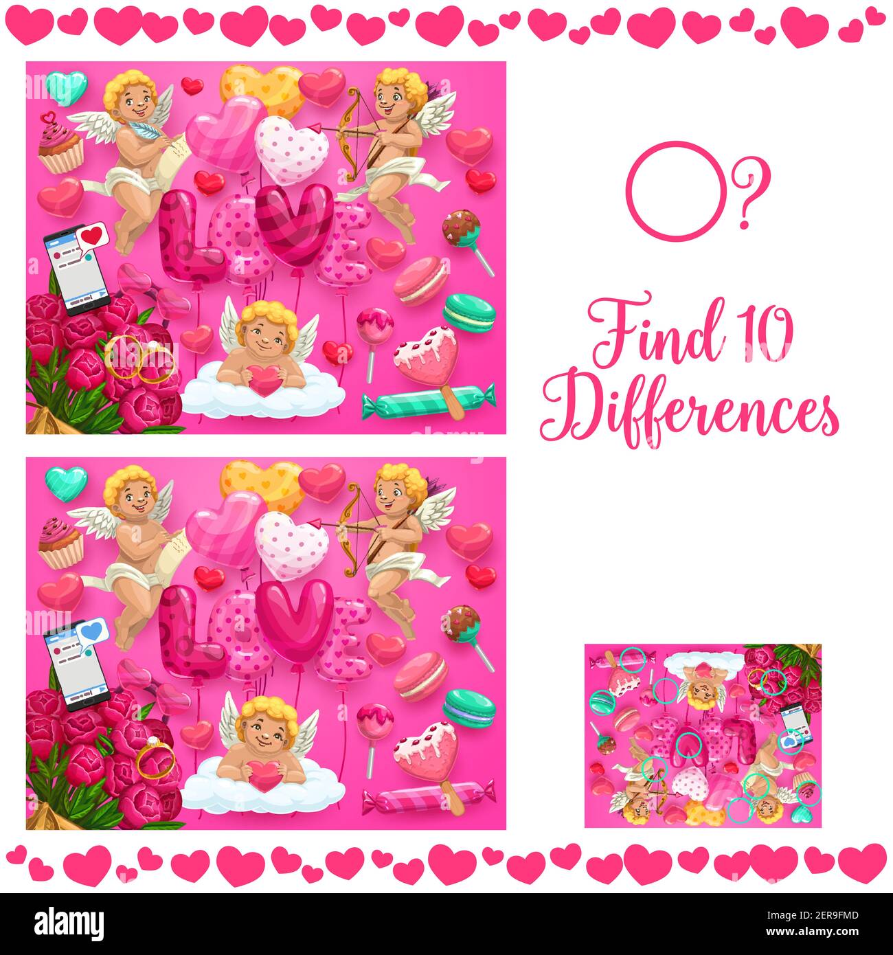 Saint Valentine day kids find ten differences puzzle. Child educational ...