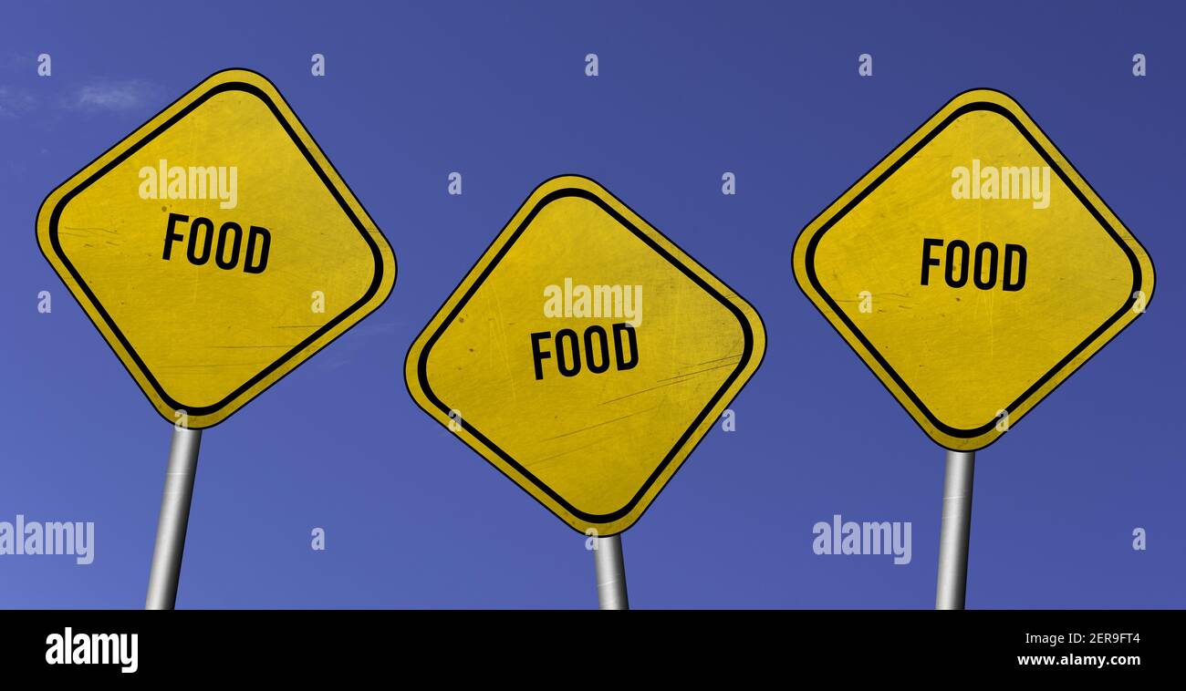Food - three yellow signs with blue sky background Stock Photo - Alamy