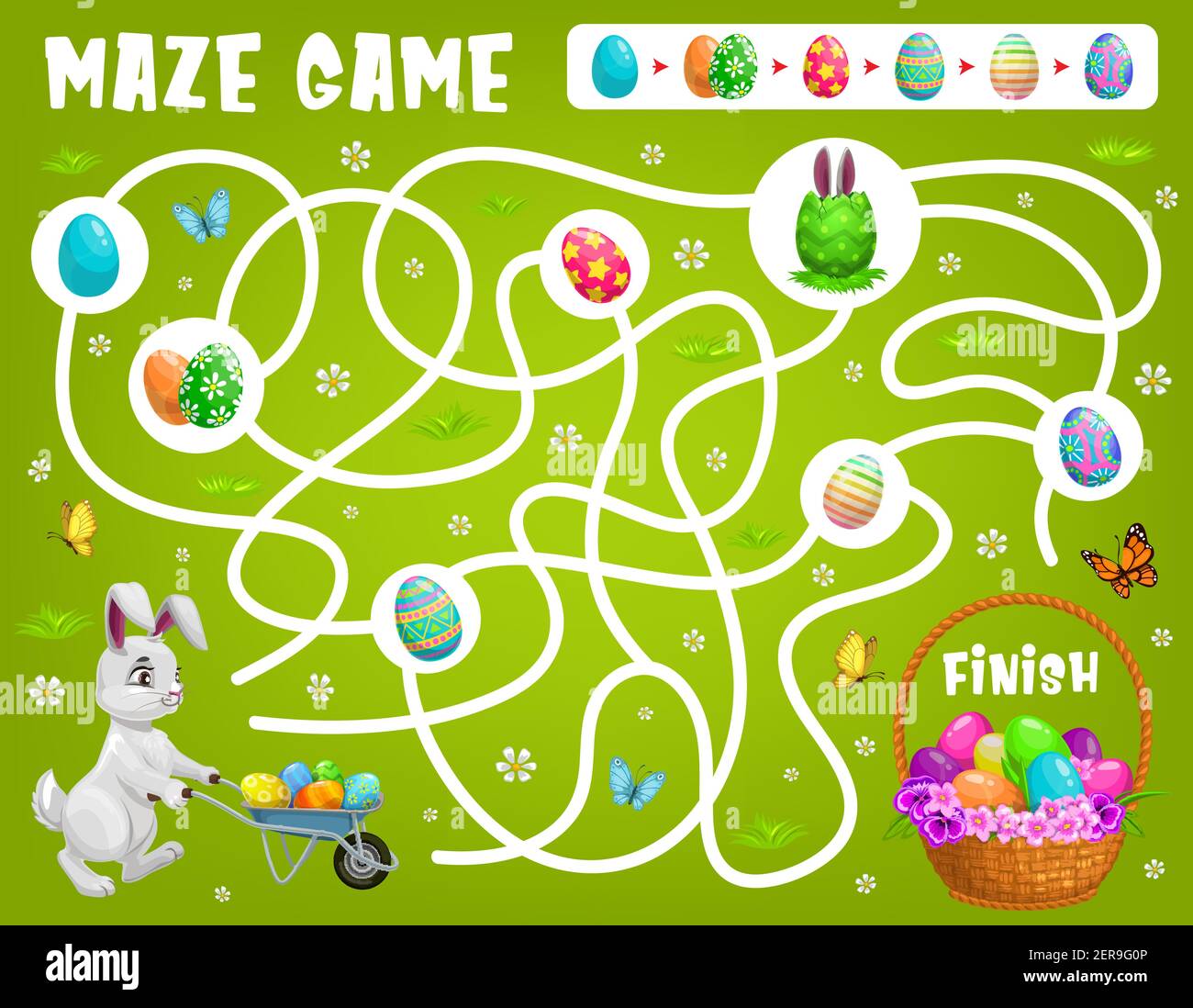 Kids maze game help Easter rabbit choose right path to get eggs. Vector ...
